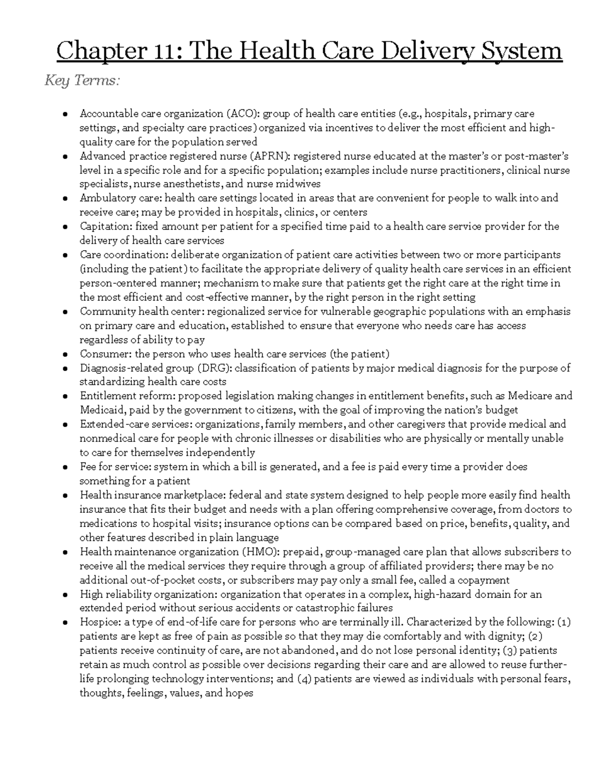 Nursing Concepts II Notes - Chapter 11: The Health Care Delivery System ...