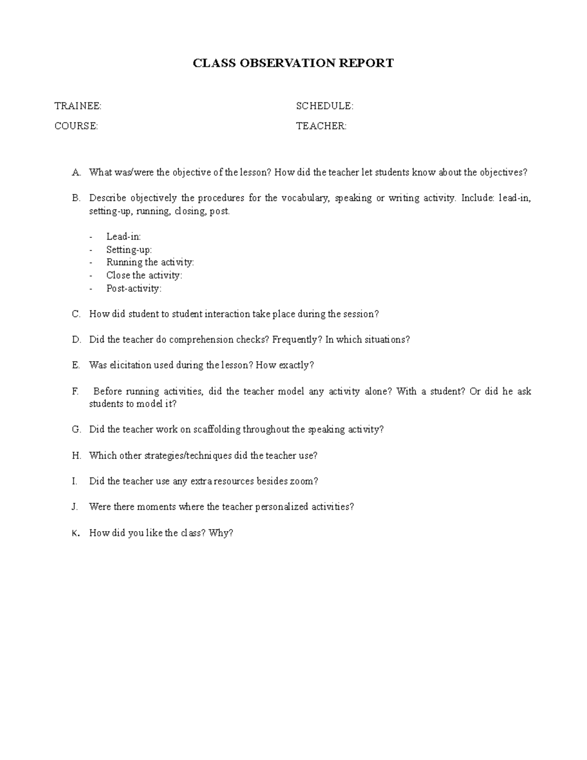 Class Observation Report - CLASS OBSERVATION REPORT TRAINEE: SCHEDULE ...
