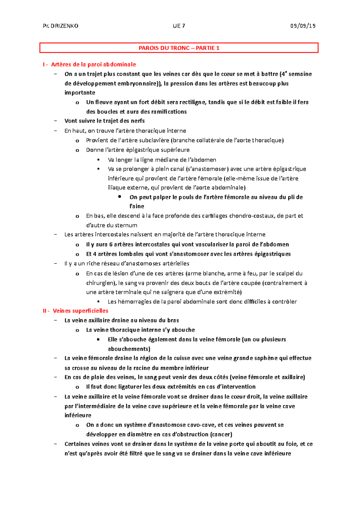 3. 1. Parois du Tronc - Partie 1 - Pr. DRIZENKO UE 7 09/09/ PAROIS DU ...