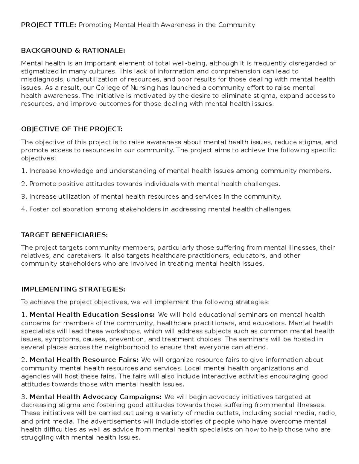 Community Project - communtity - PROJECT TITLE: Promoting Mental Health ...