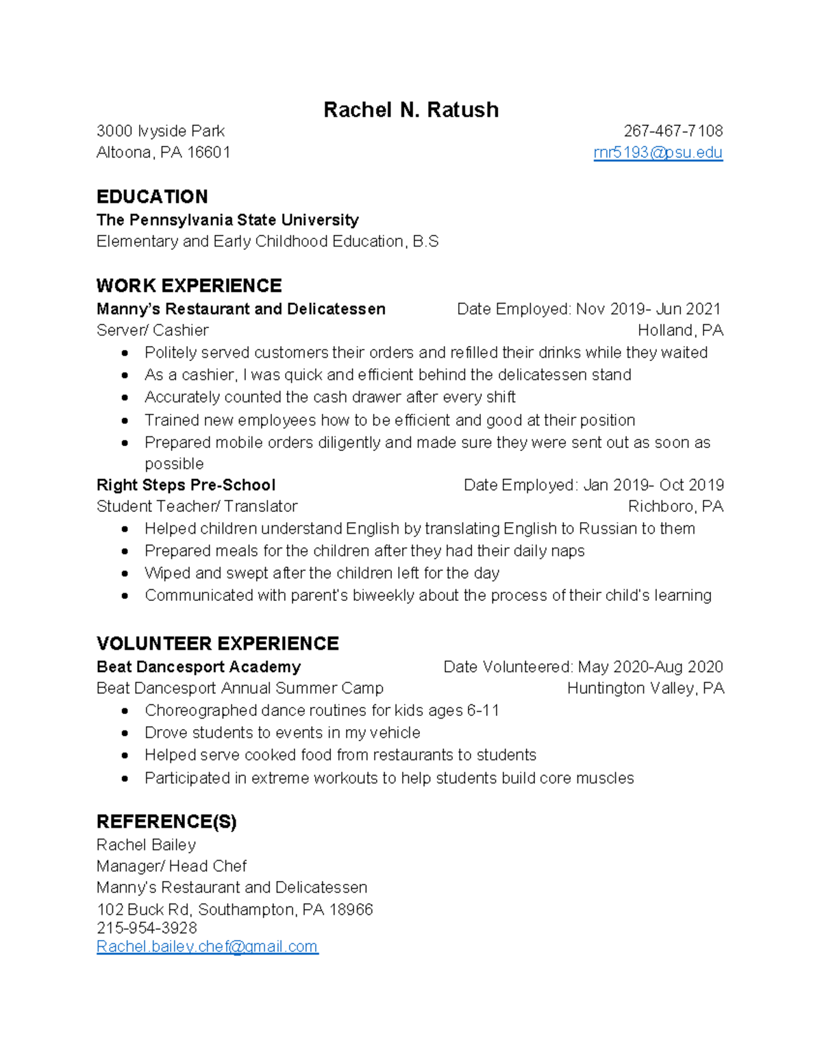 Resume 2022 - homework assignment - Rachel N. Ratush 3000 Ivyside Park ...