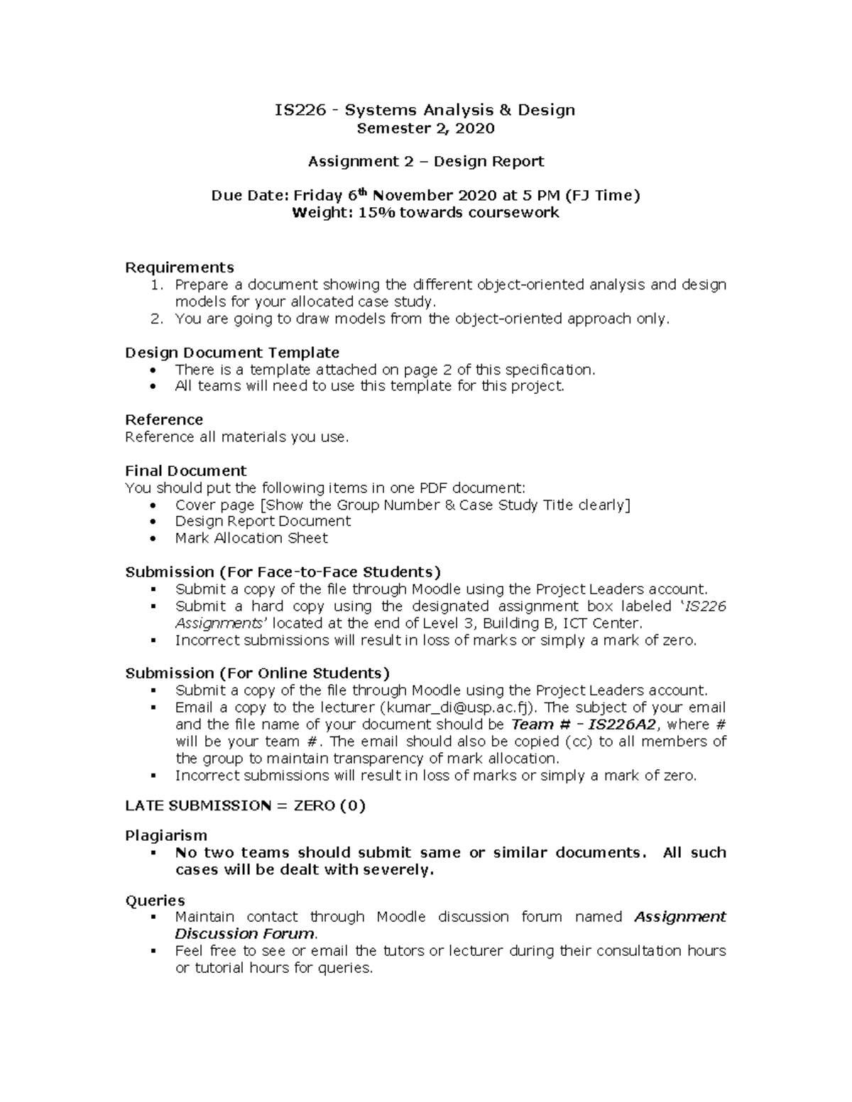 IS226 A2 - Design Report - IS226 - Systems Analysis & Design Semester 2 ...