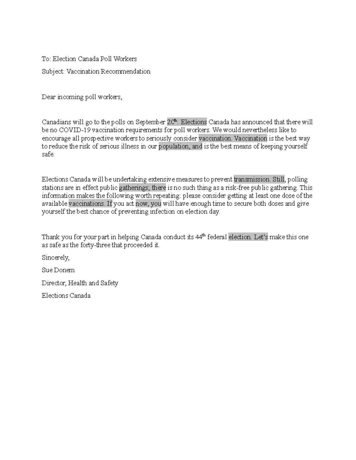 Activity 4 - To: Election Canada Poll Workers Subject: Vaccination ...