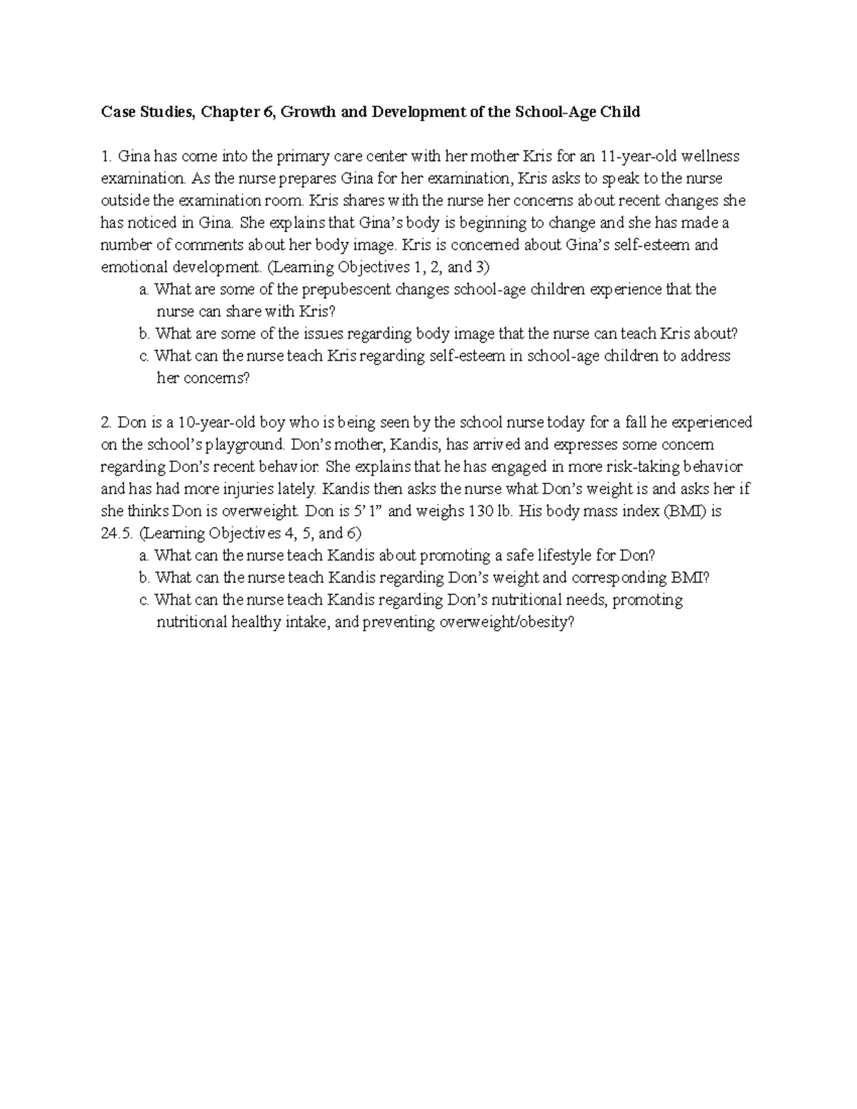 Case Studies, Growth and Development of the School-Age Child - Case ...