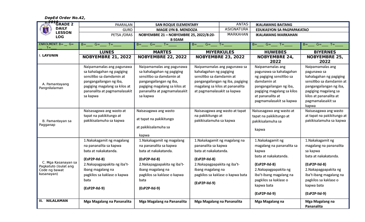 DLL ESP2 Q2 W3 - Daily Lesson Log - GRADE 2 DAILY LESSON LOG PAARALAN ...