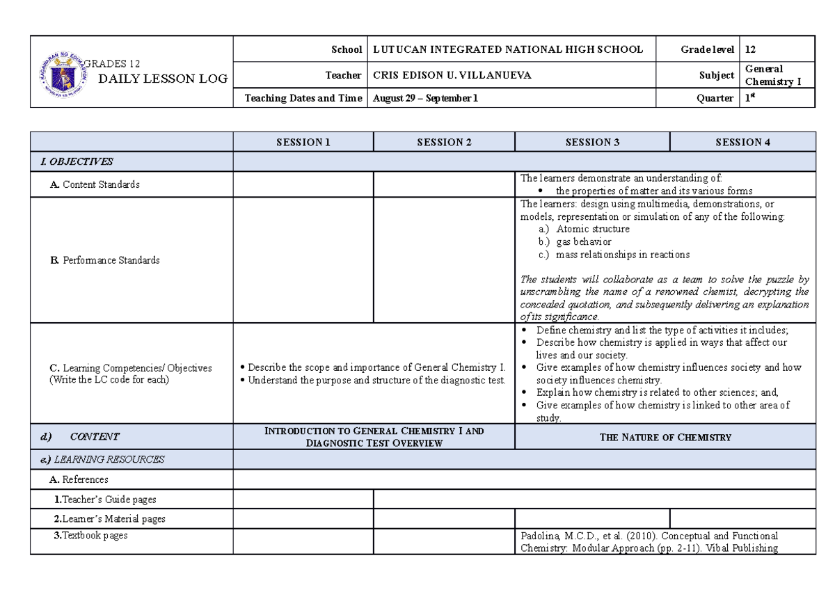 daily Lesson Log - GRADES 12 DAILY LESSON LOG School LUTUCAN INTEGRATED ...