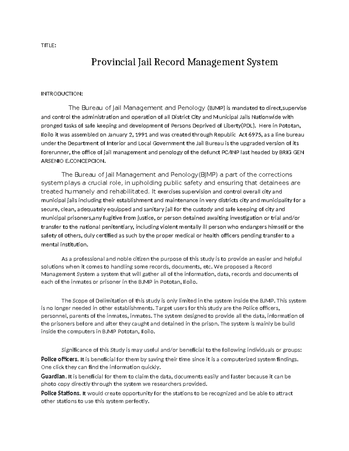 Introduction-1 - TITLE: Provincial Jail Record Management System ...