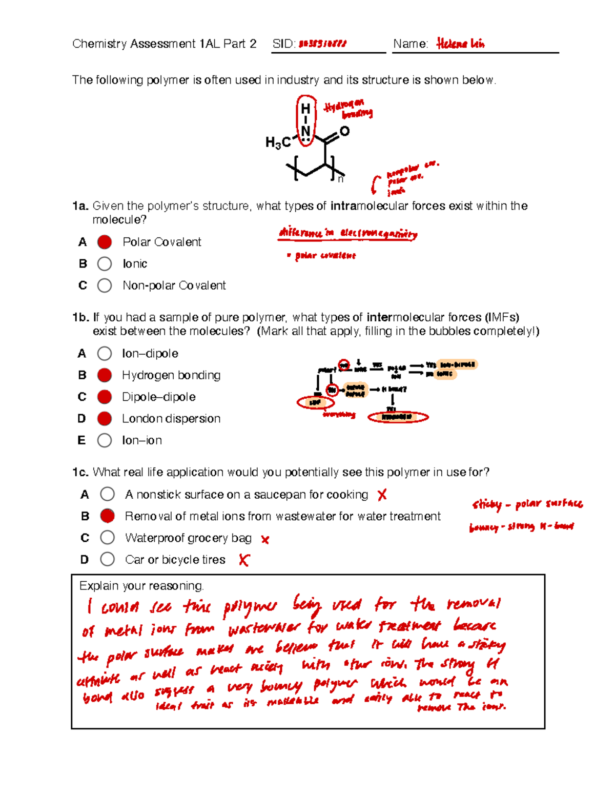 Chemistry Assessment - 1a. Given the polymer9s structure, what types of ... Chemistry Assessment - 1a. Given the polymer9s structure, what types of ...