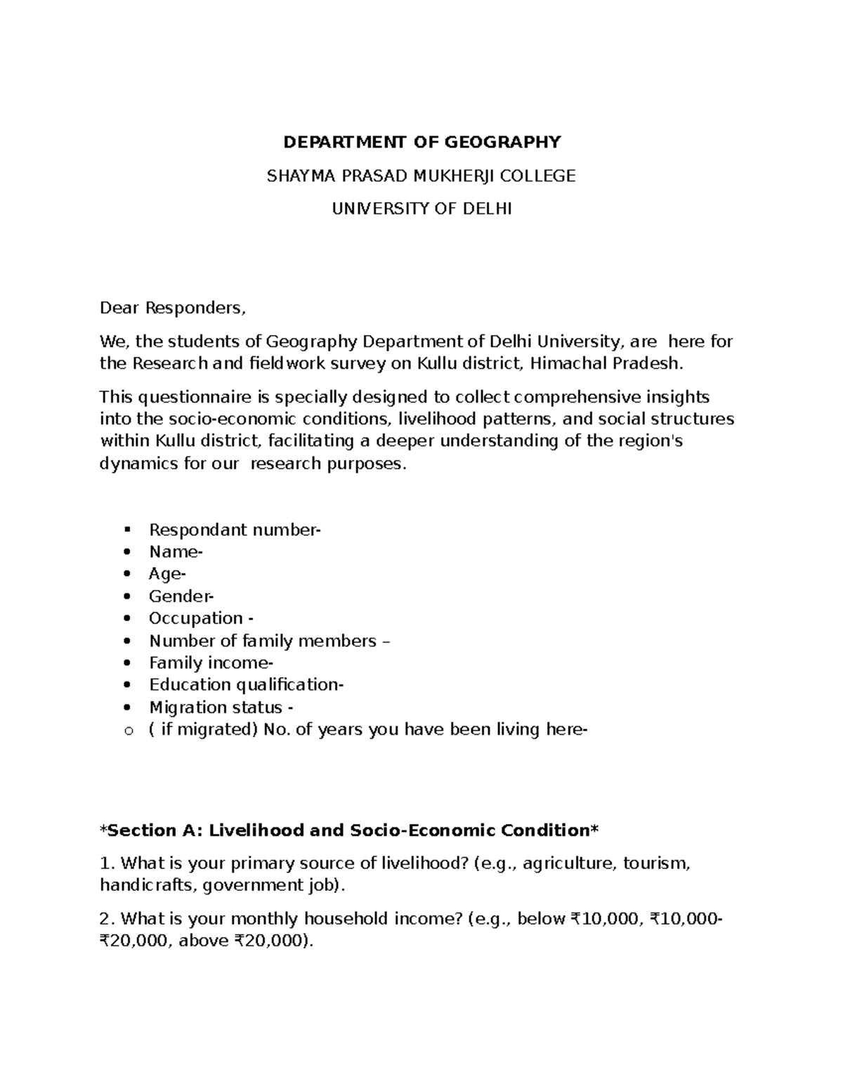 Questionnaire - Research methodology and field survey on Kullu district ...
