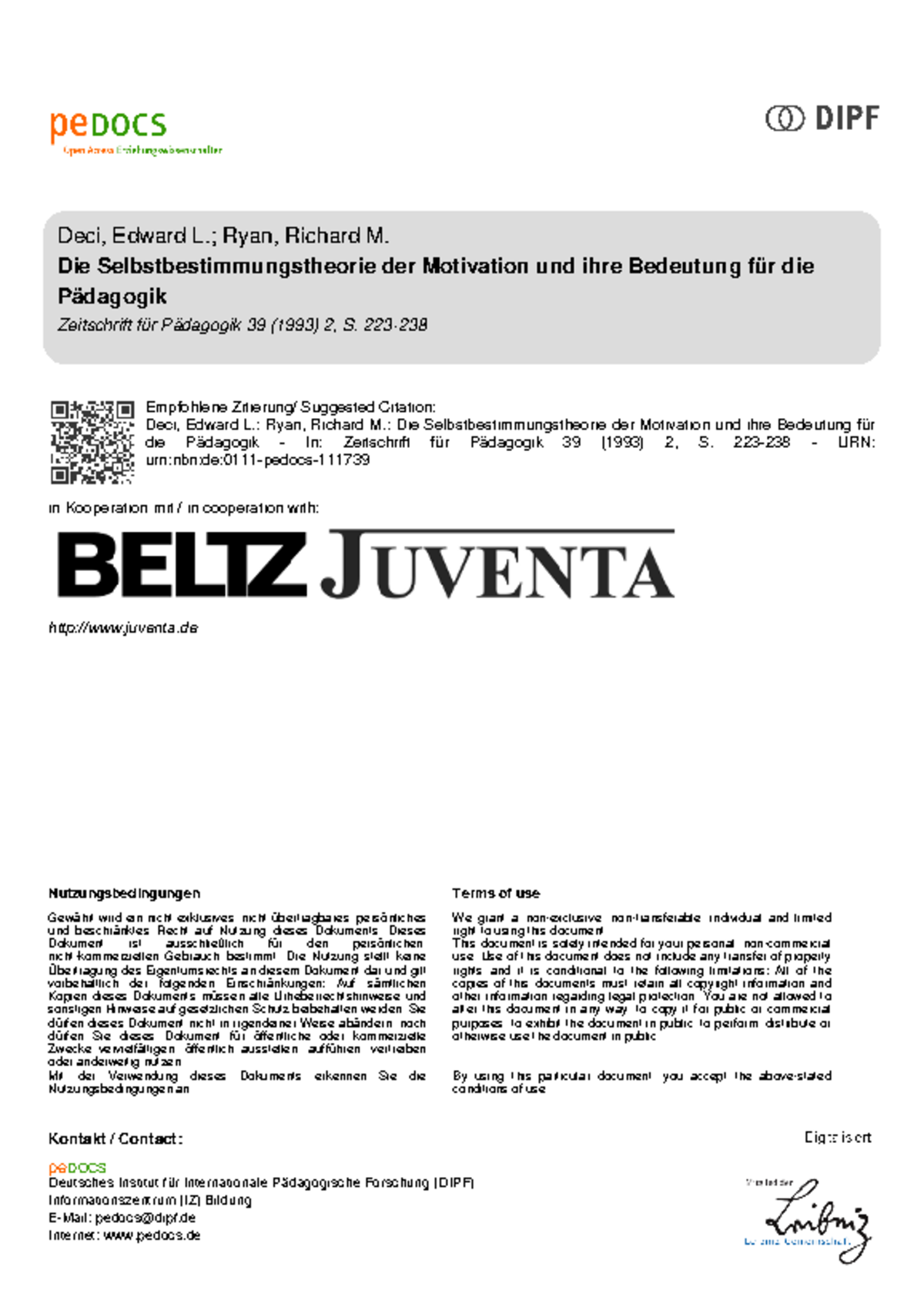 Zf Paed 1993 2 Deci Ryan Die Selbstbestimmungstheorie der Motivation ...