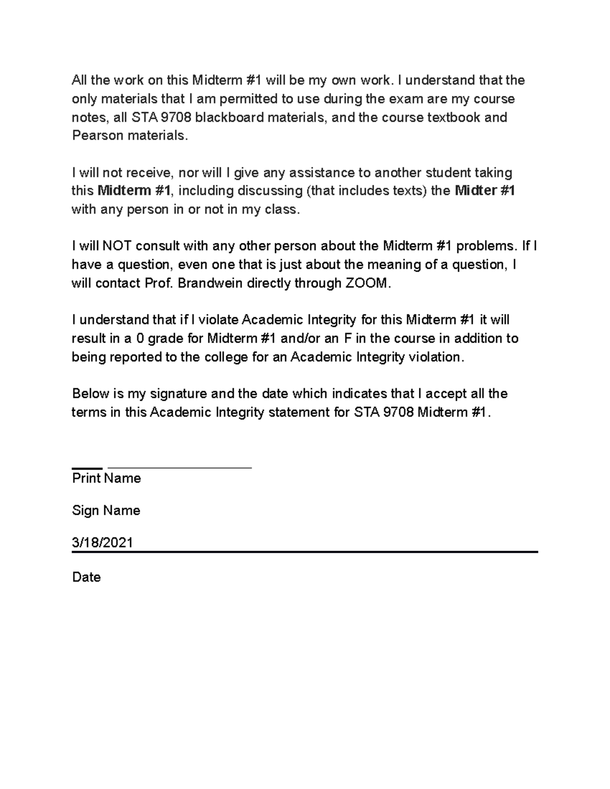 Academic Integrity Statement - All the work on this Midterm #1 will be ...