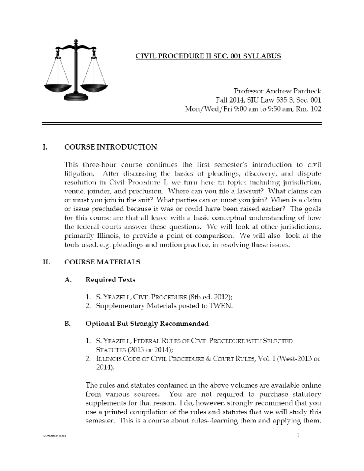 Civil Procedure II § 1 - Southern Illinois University School of Law ...
