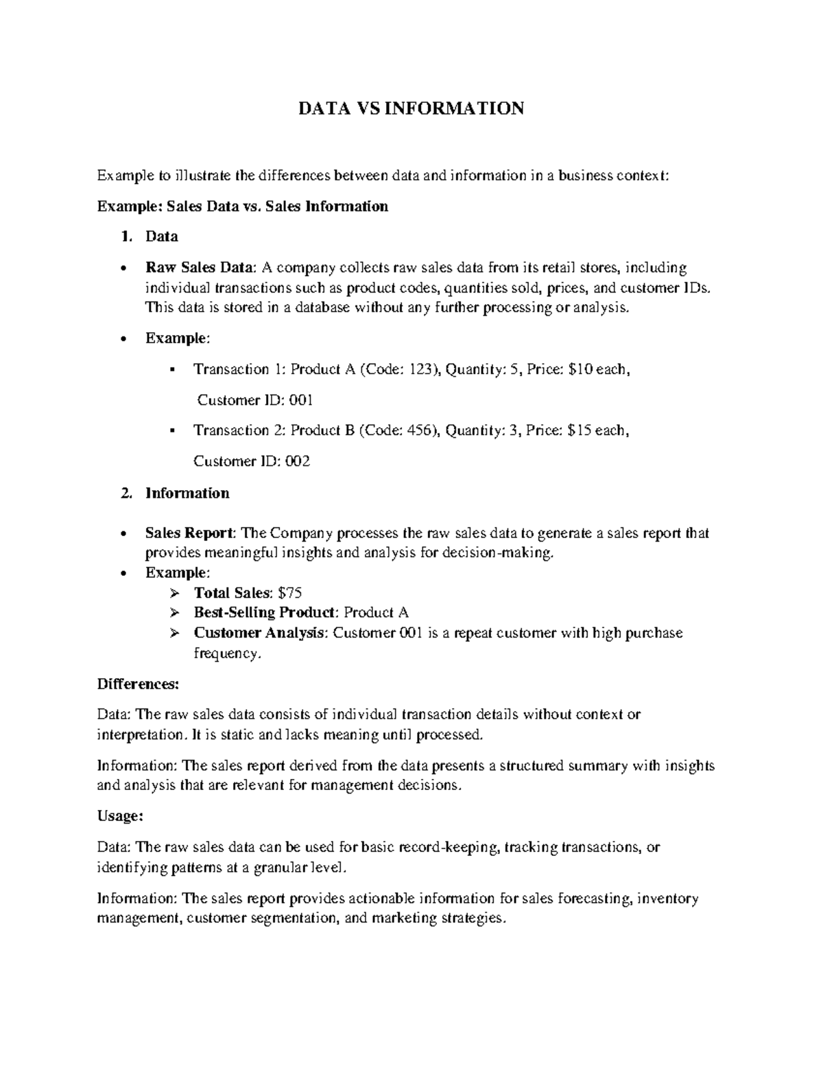 DATA VS Information - DATA VS INFORMATION Example to illustrate the ...