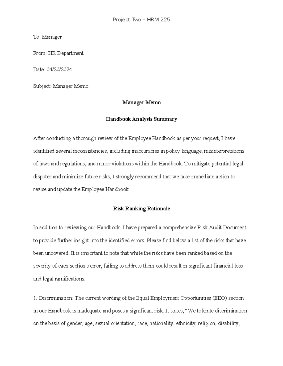 Project 2 - HRM 225 - A/A- To: Manager From: HR Department Date: 04/20 ...