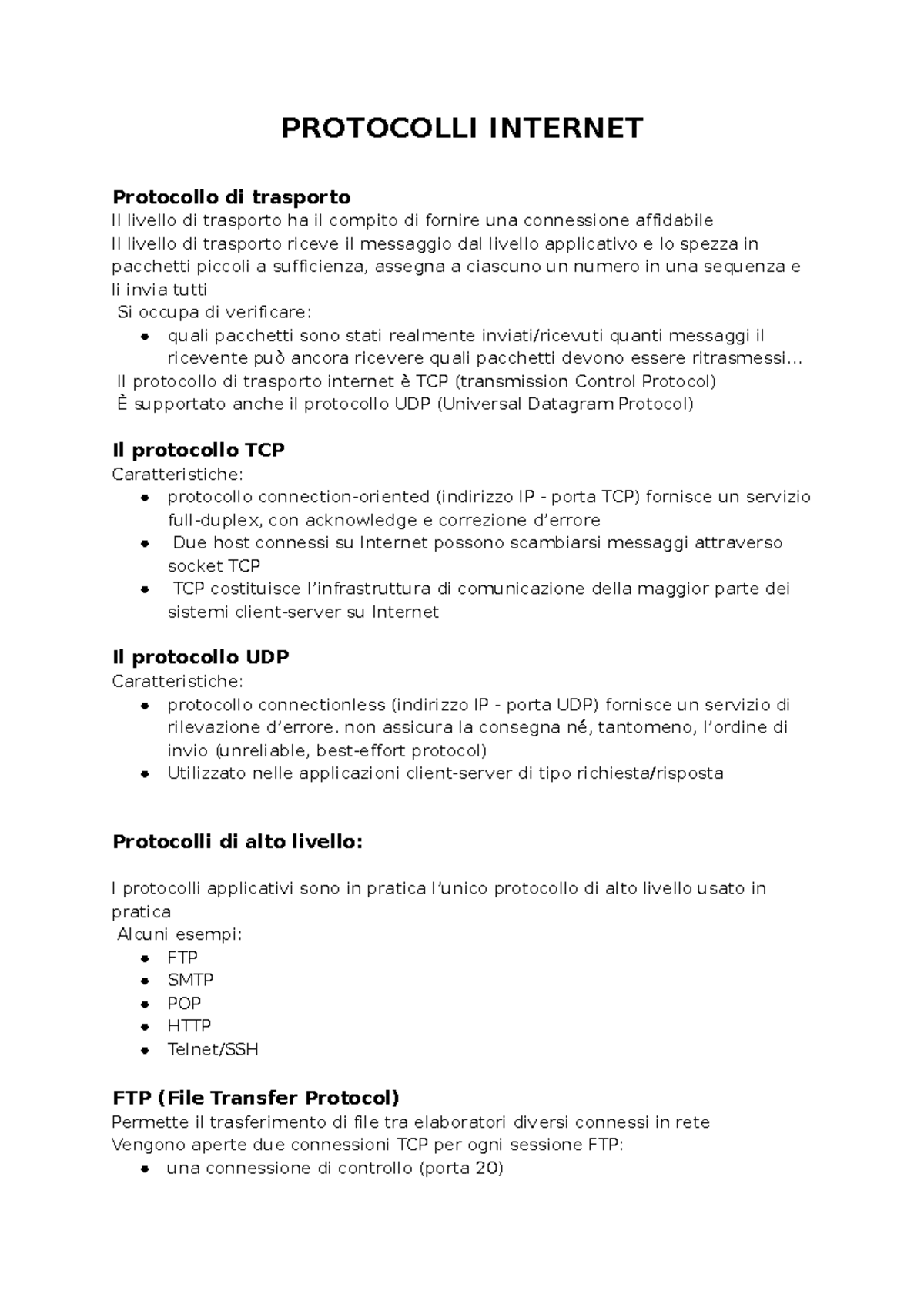 Protocolli Internet - PROTOCOLLI INTERNET Protocollo di trasporto Il ...