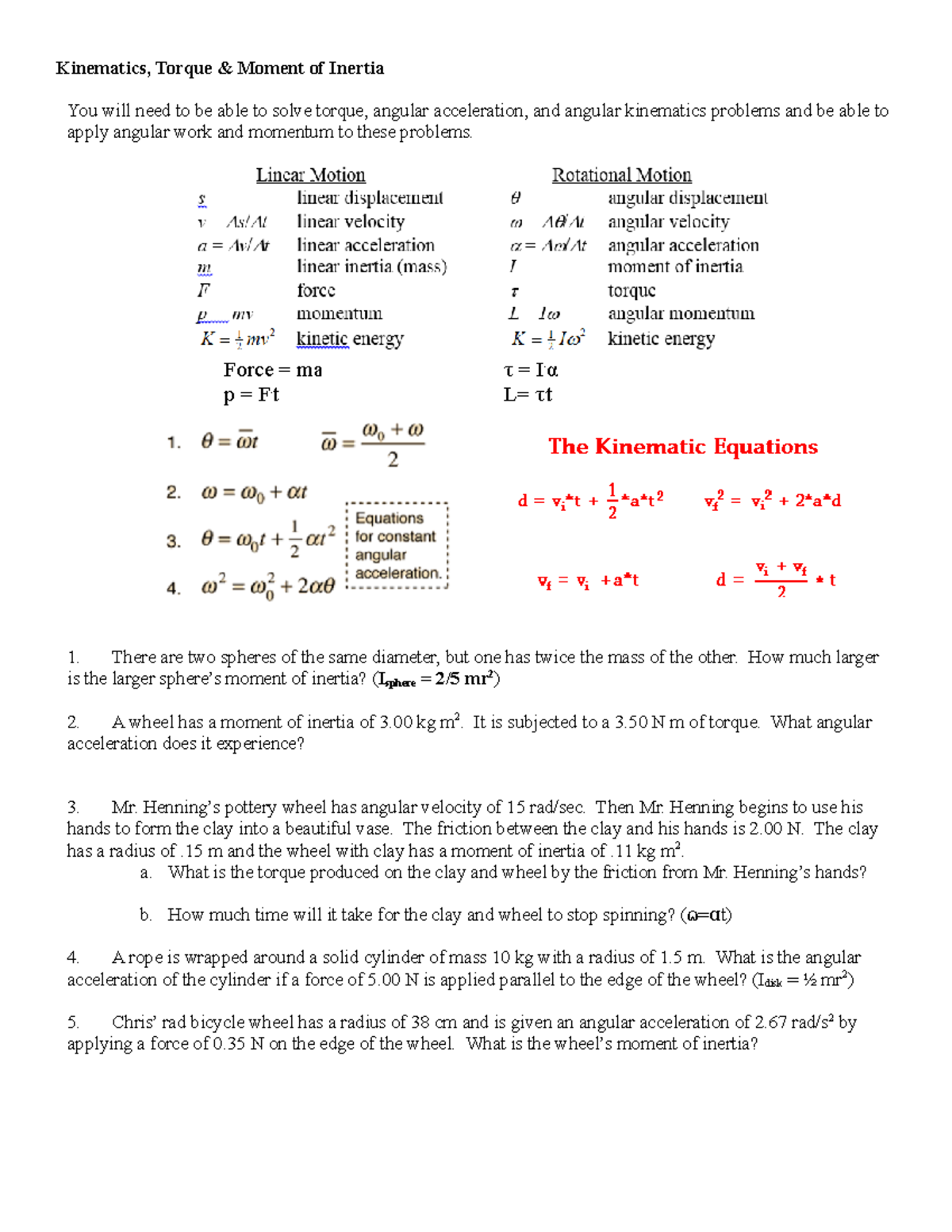 Unit 6 - review worksheet - rotation - Kinematics, Torque & Moment of ...