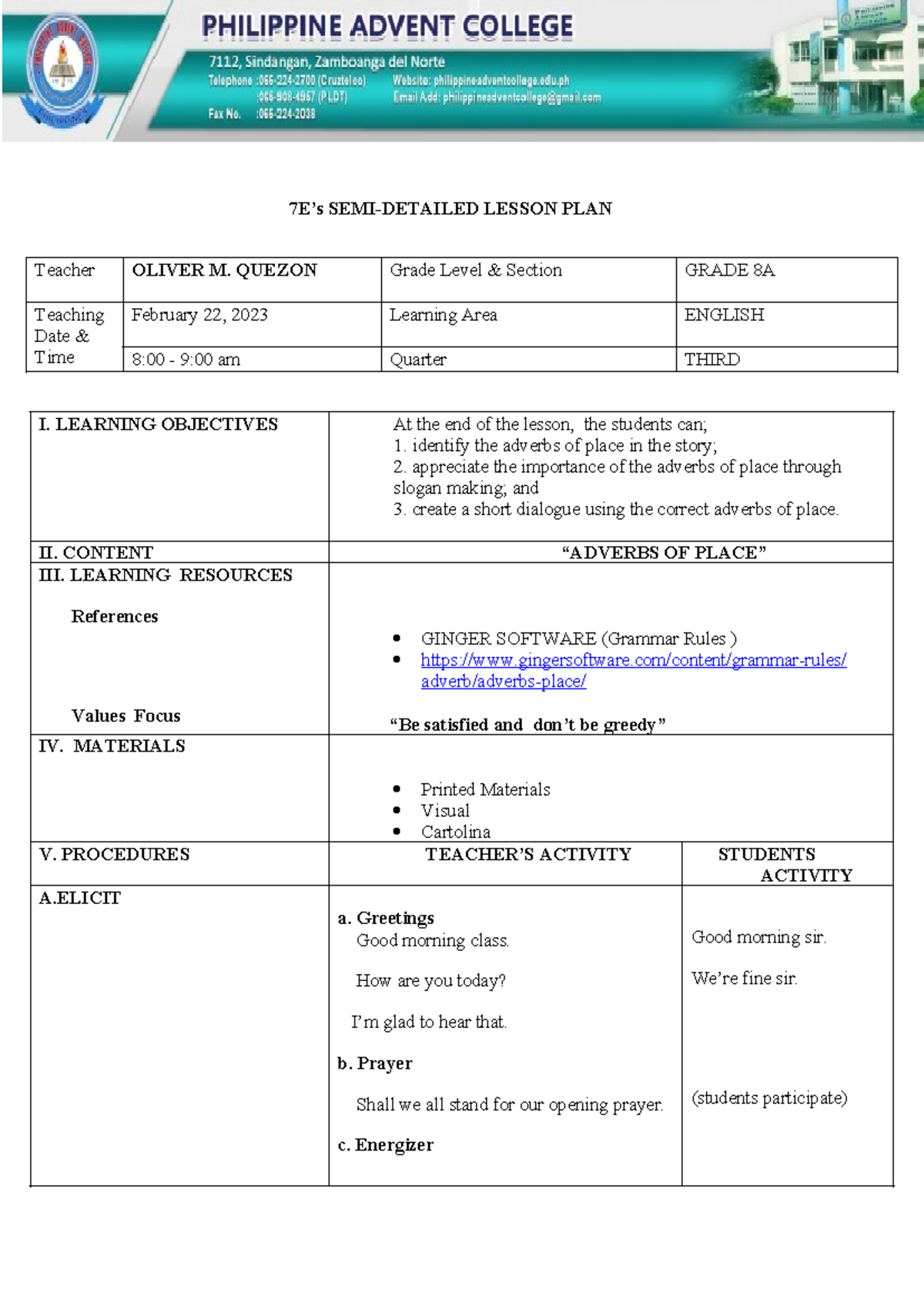 Olive 7slessonplan - lesson plan - 7E’s SEMI-DETAILED LESSON PLAN ...