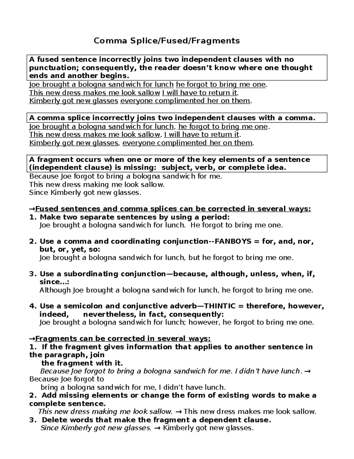 22 Comma splice, Fused, Fragment 1 - Comma Splice/Fused/Fragments A ...