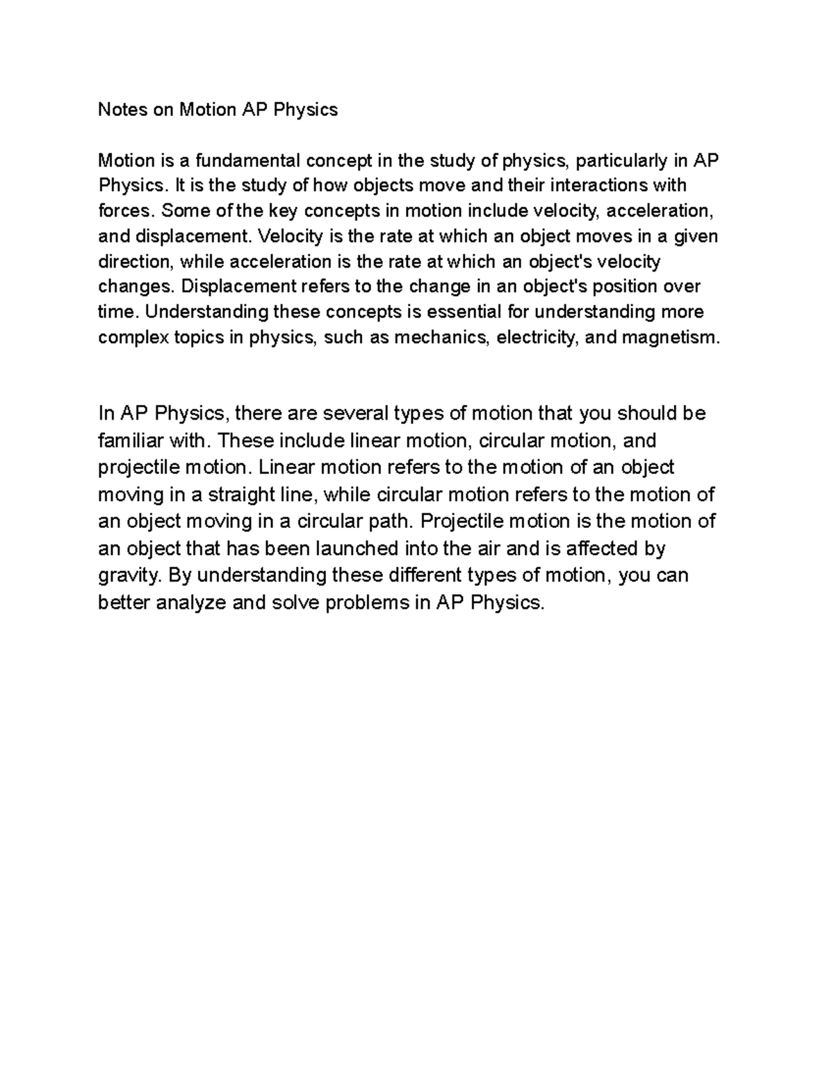 Motion AP Physics Notes - Notes on Motion AP Physics Motion is a ...