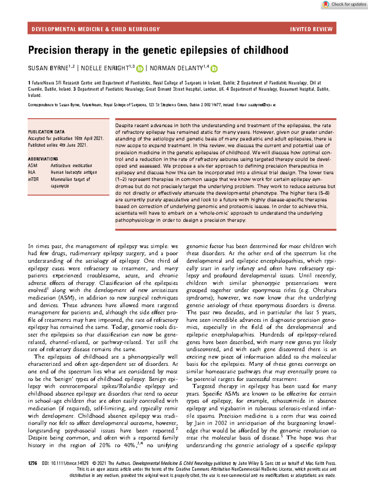 Develop Med Child Neuro - 2021 - Byrne - Precision therapy in the ...