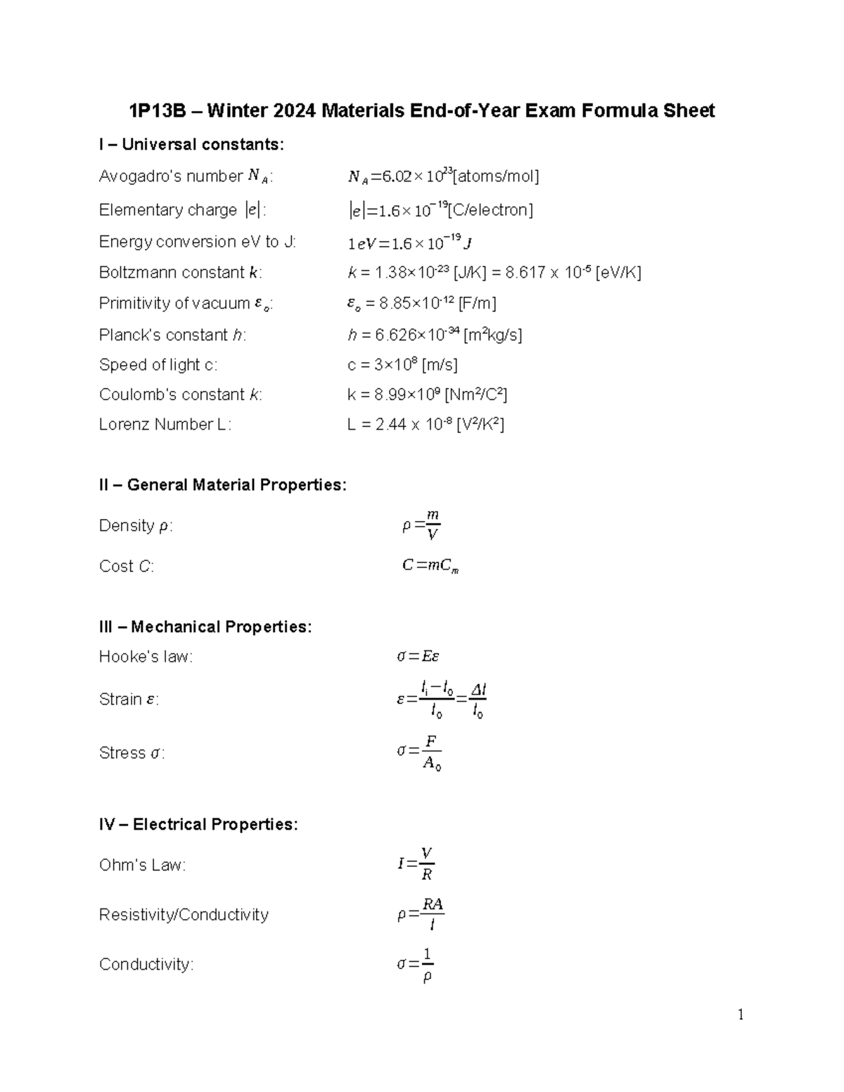 Engineer 1P13B - Materials Science Equations Sheet W24 - 1P13B – Winter ...