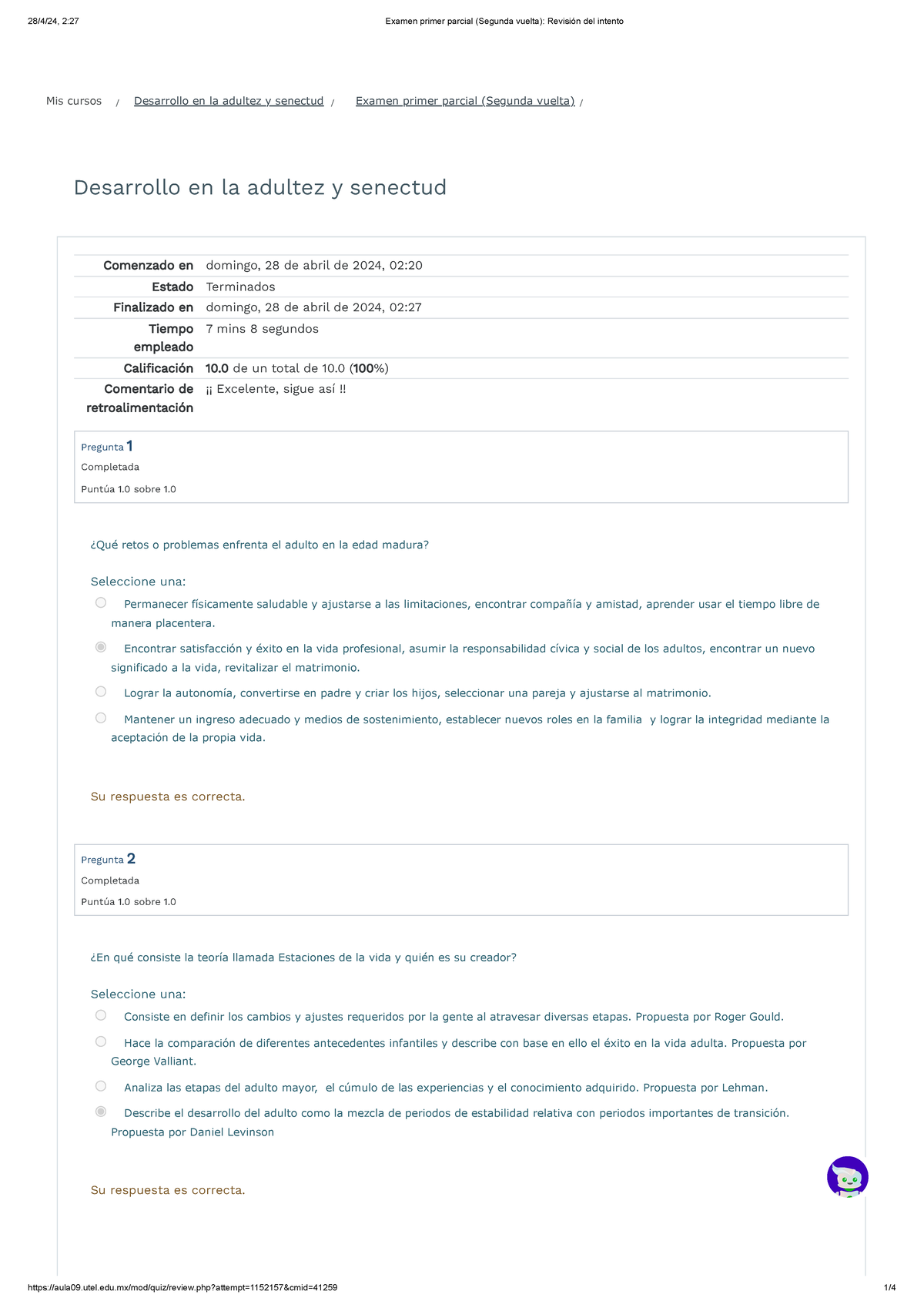 Examen primer parcial (Segunda vuelta) Segundo intento - Desarrollo en la adultez y senectud ...