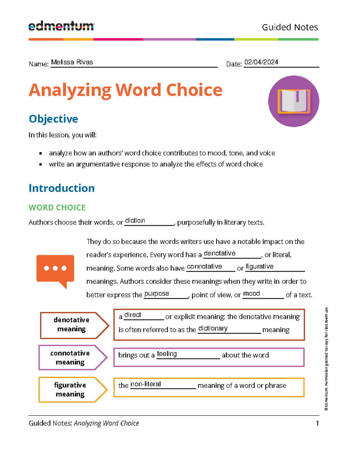 Analyzing Word Choice - Edmentum Guided Notes English - dme ntum ...