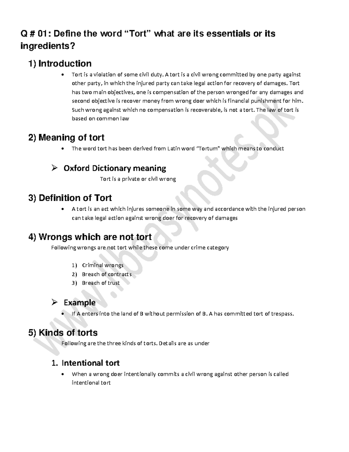 1.Characteristics of Torts - Q # 01: Define the word “Tort” what are ...