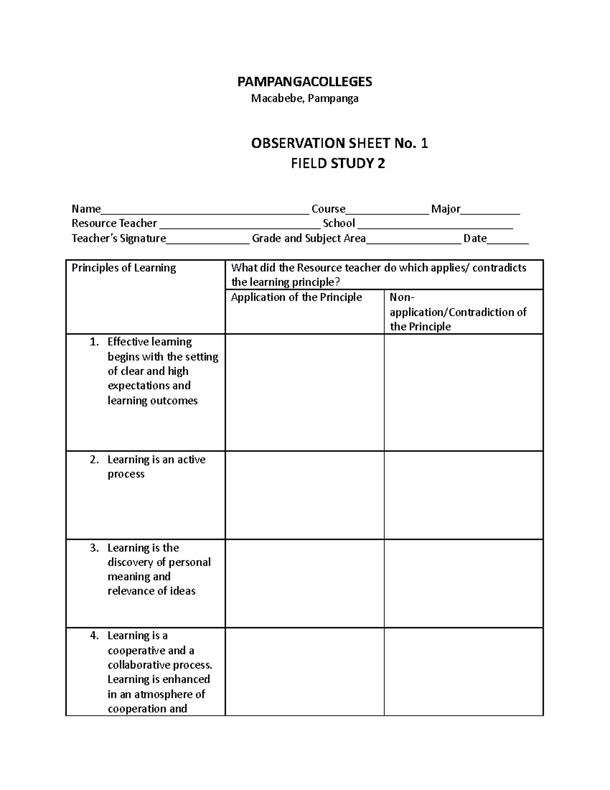 Observation-sheet-1 - For the future - PAMPANGACOLLEGES Macabebe ...