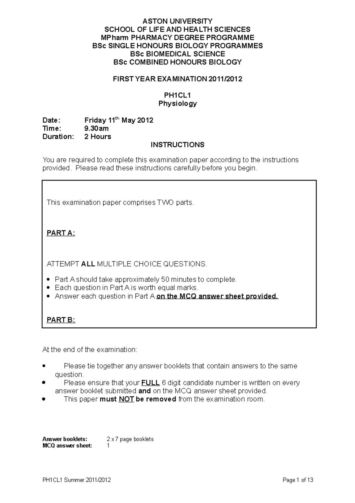 PH1401 Summer exam paper 11-12 - ASTON UNIVERSITY SCHOOL OF LIFE AND ...