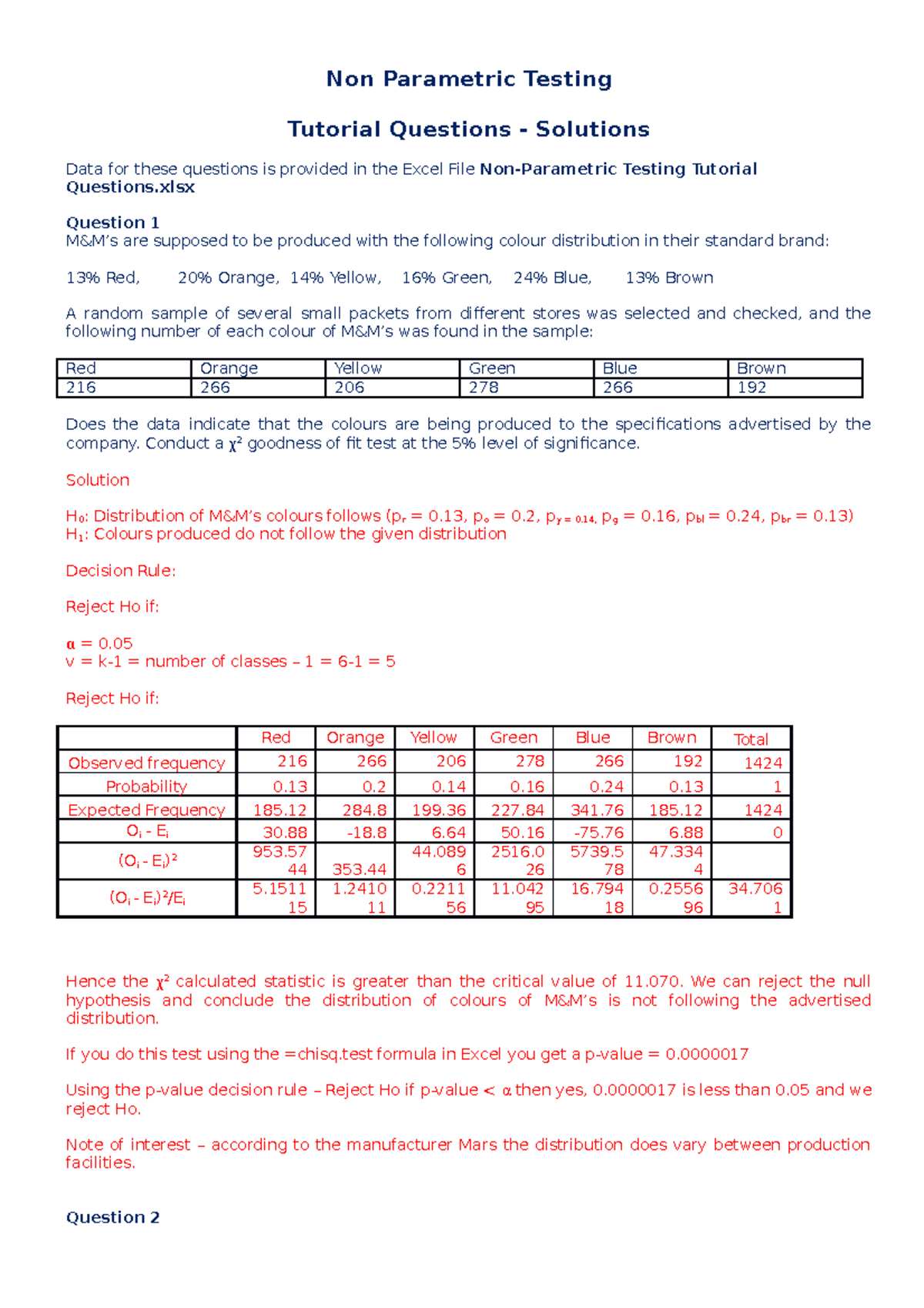 Non Parametric Testing Tutorial Questions (2022) - Solutions - Non ...