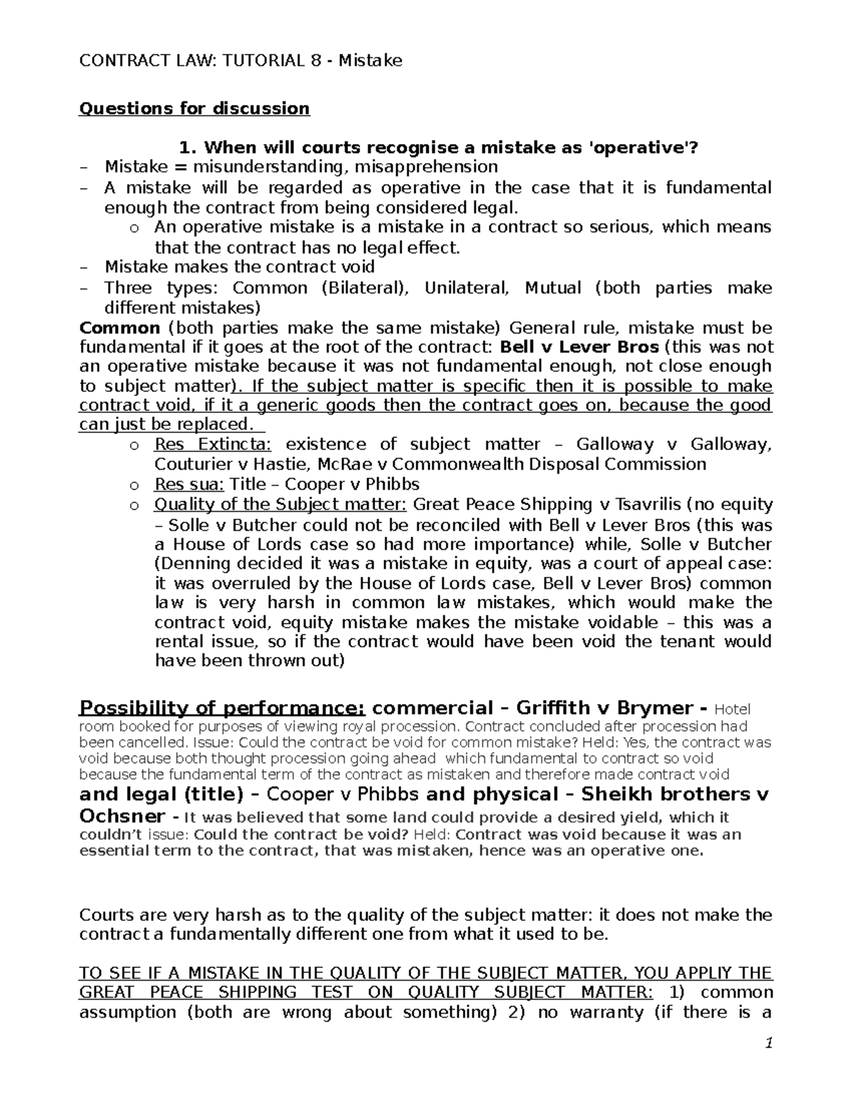 Contract Law - Tutorial 9 - CONTRACT LAW: TUTORIAL 8 Mistake Questions for discussion 1. When ...