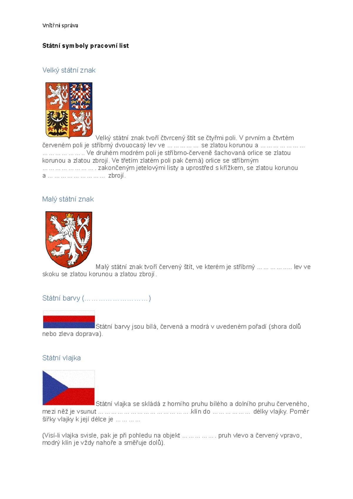 Státní symboly pracovní list - Vnitřní správa Státní symboly pracovní ...