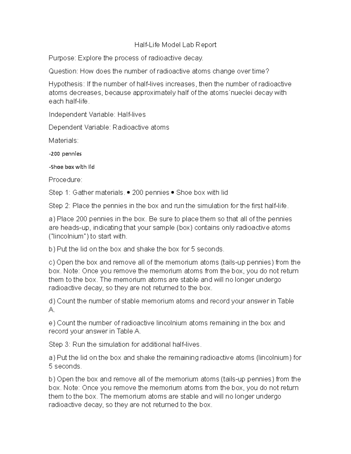 Lab Half-life - lab report - Half-Life Model Lab Report Purpose ...