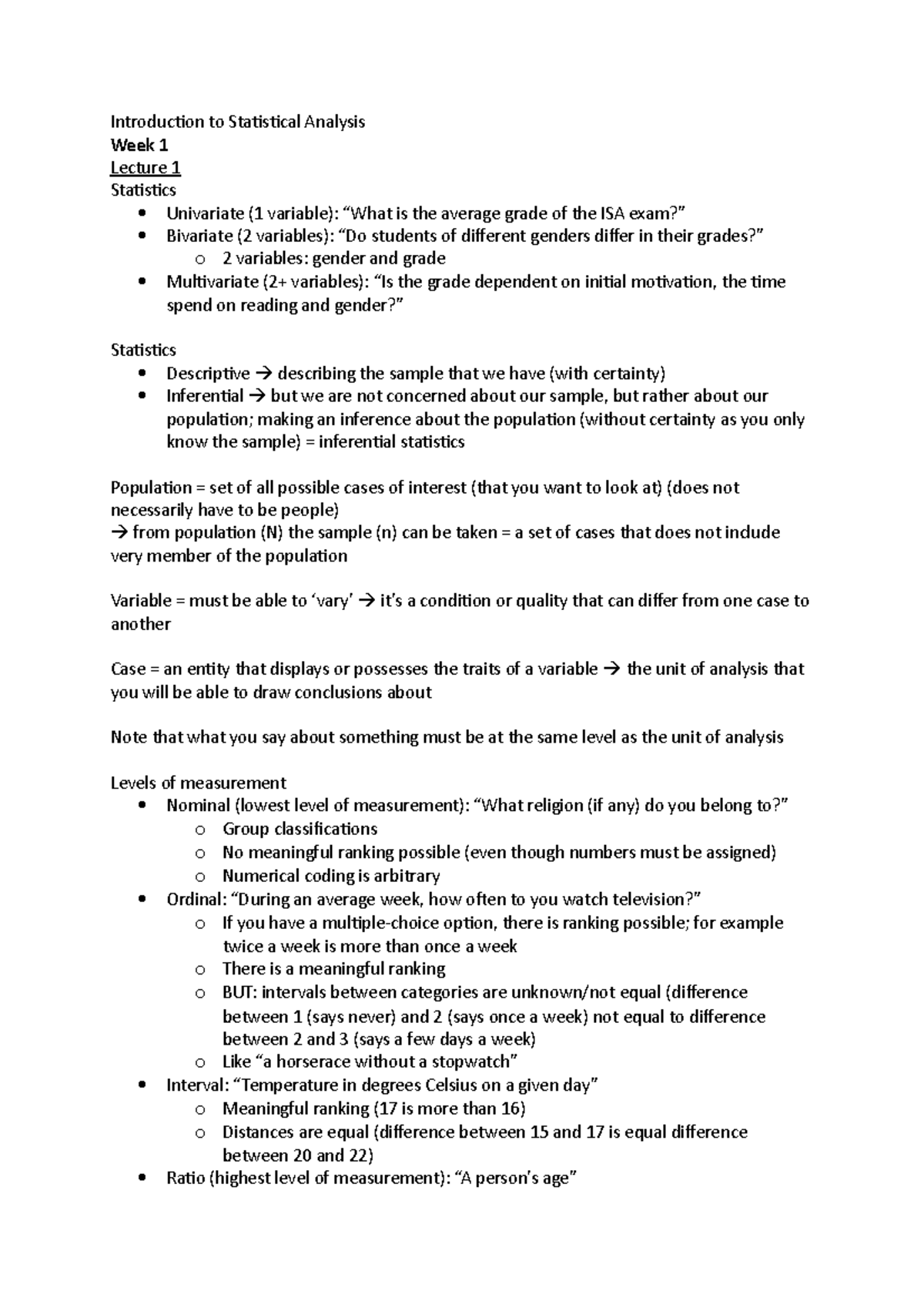 ISA overview - Introduction to Statistical Analysis Week 1 Lecture 1 ...