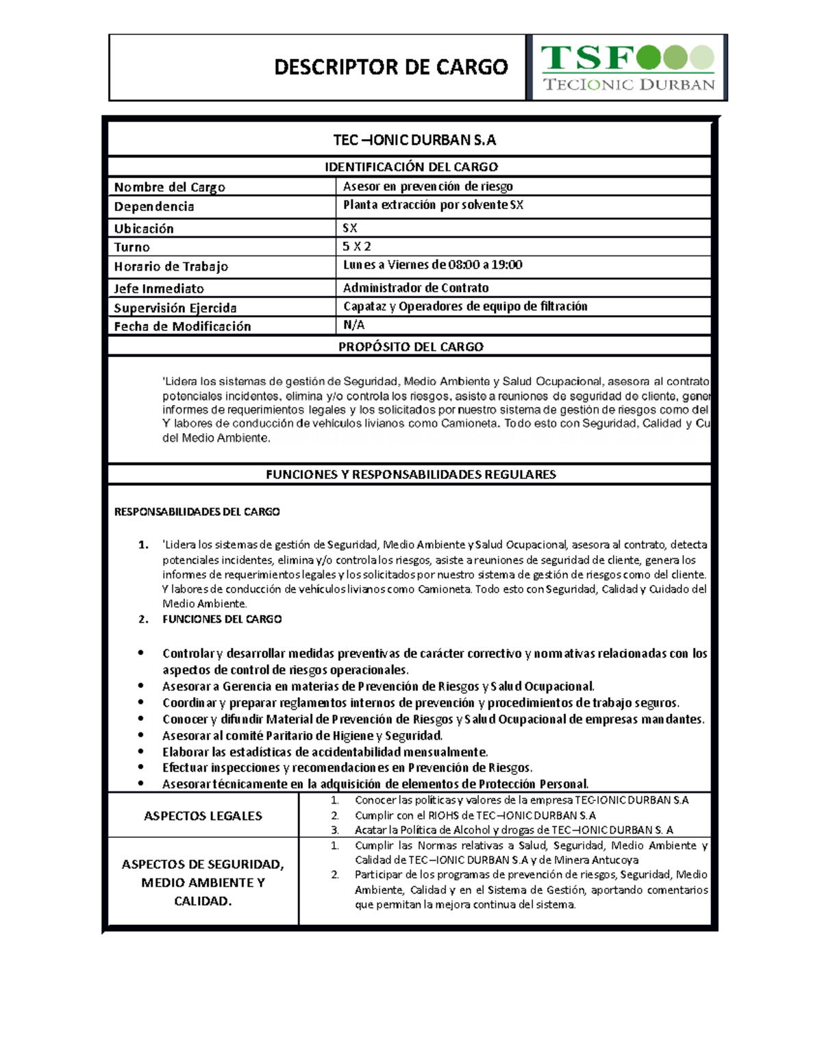 Descriptor de cargo Supervisor. (Recuperado automáticamente) - DESCRIPTOR DE CARGO ...