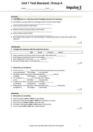Otwórz (Impulse 3 Tests answer key) - ϭ Unit 1 Vocabulary Short Test 1 ...