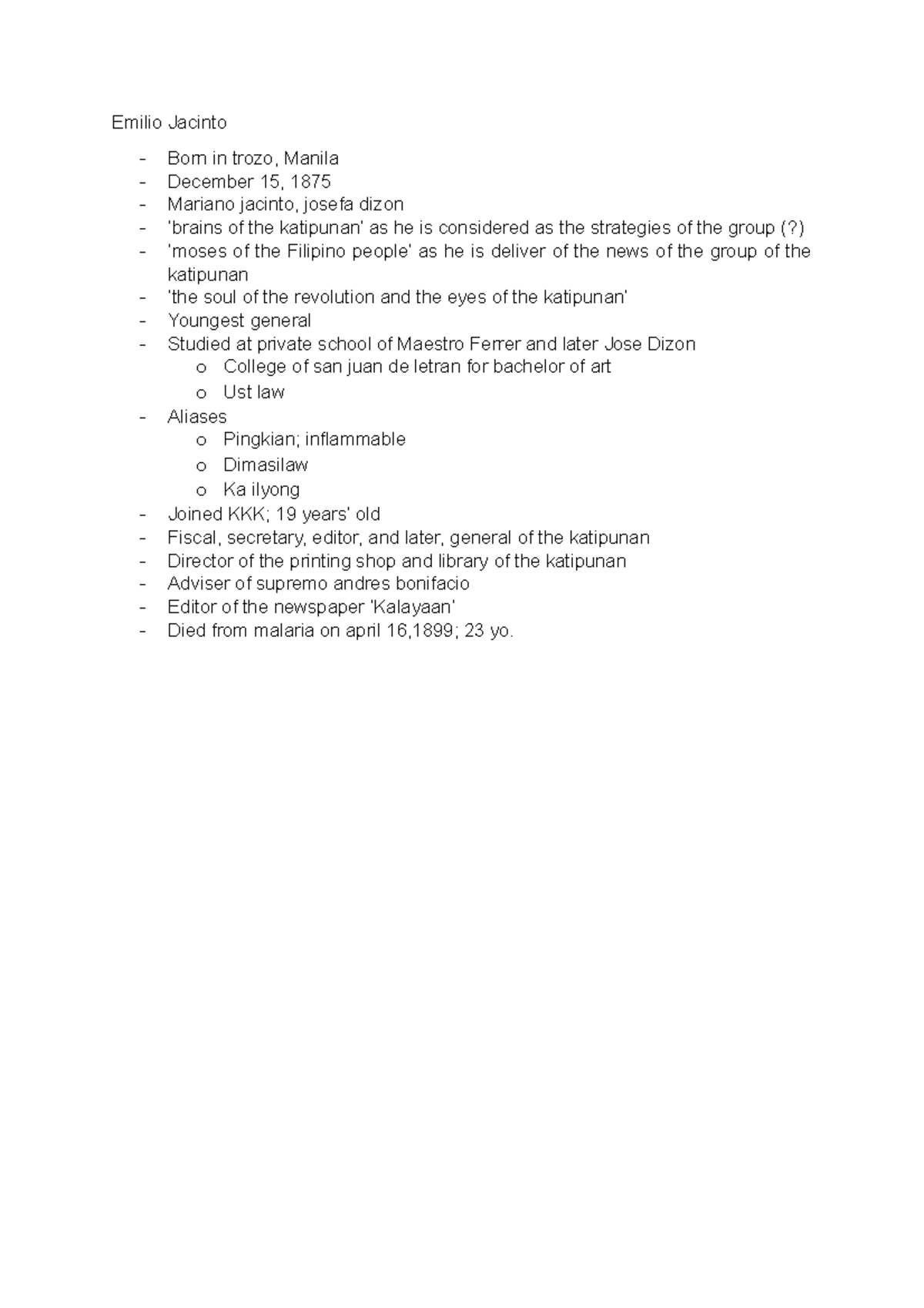 10 - AAAA - Emilio Jacinto Born in trozo, Manila December 15, 1875 ...