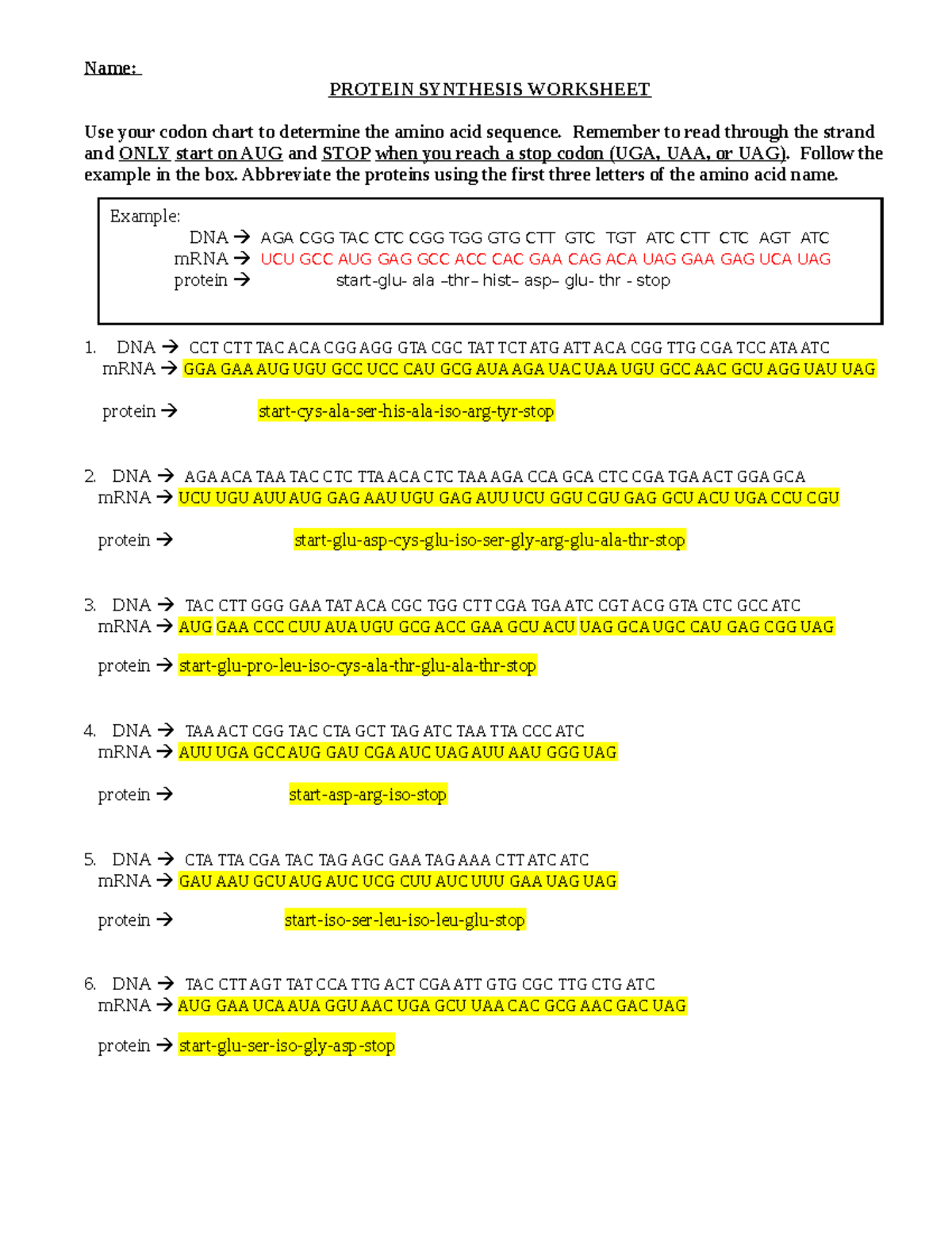Dna - DNA sequences - Name: PROTEIN SYNTHESIS WORKSHEET Use your codon chart to determine the ...