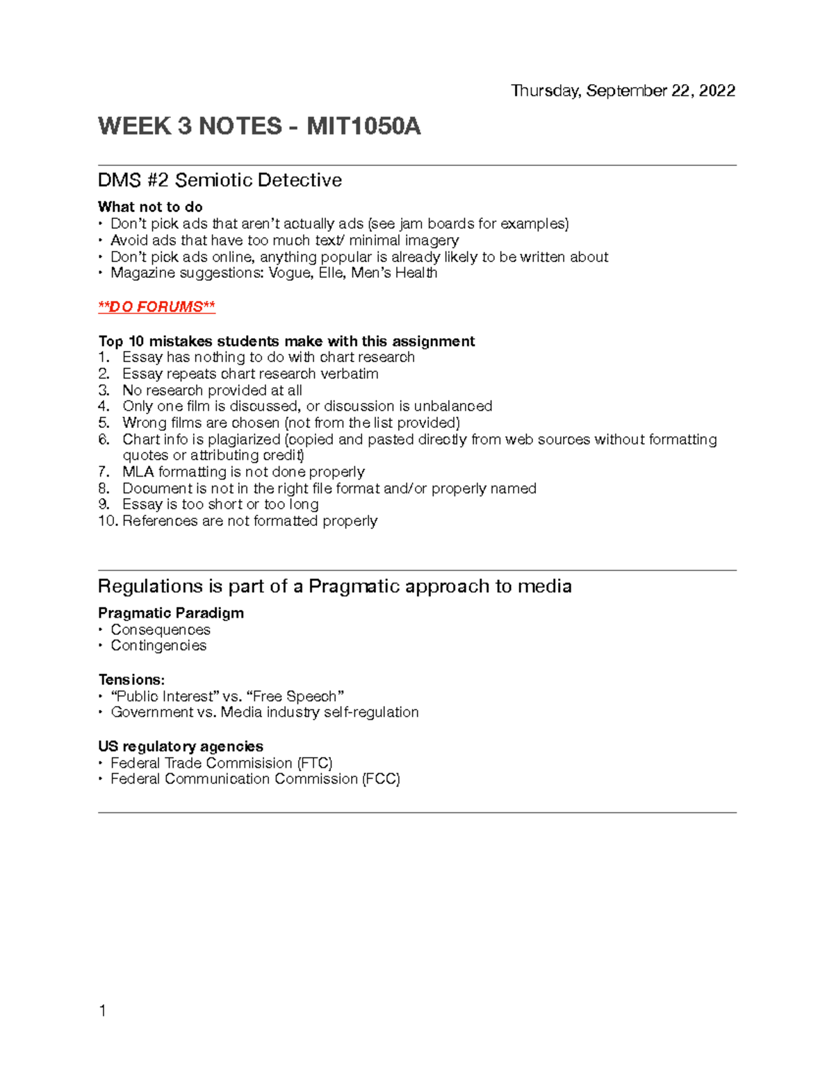 Week 3 notes - Thursday, September 22, 2022 WEEK 3 NOTES - MIT1050A DMS ...