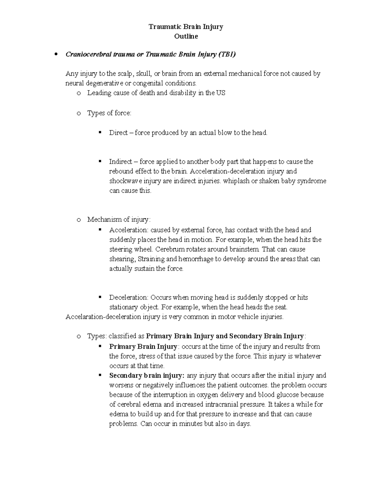Traumatic Brain Injury Outline- lecture notes - nurs 101 - WKU - Studocu