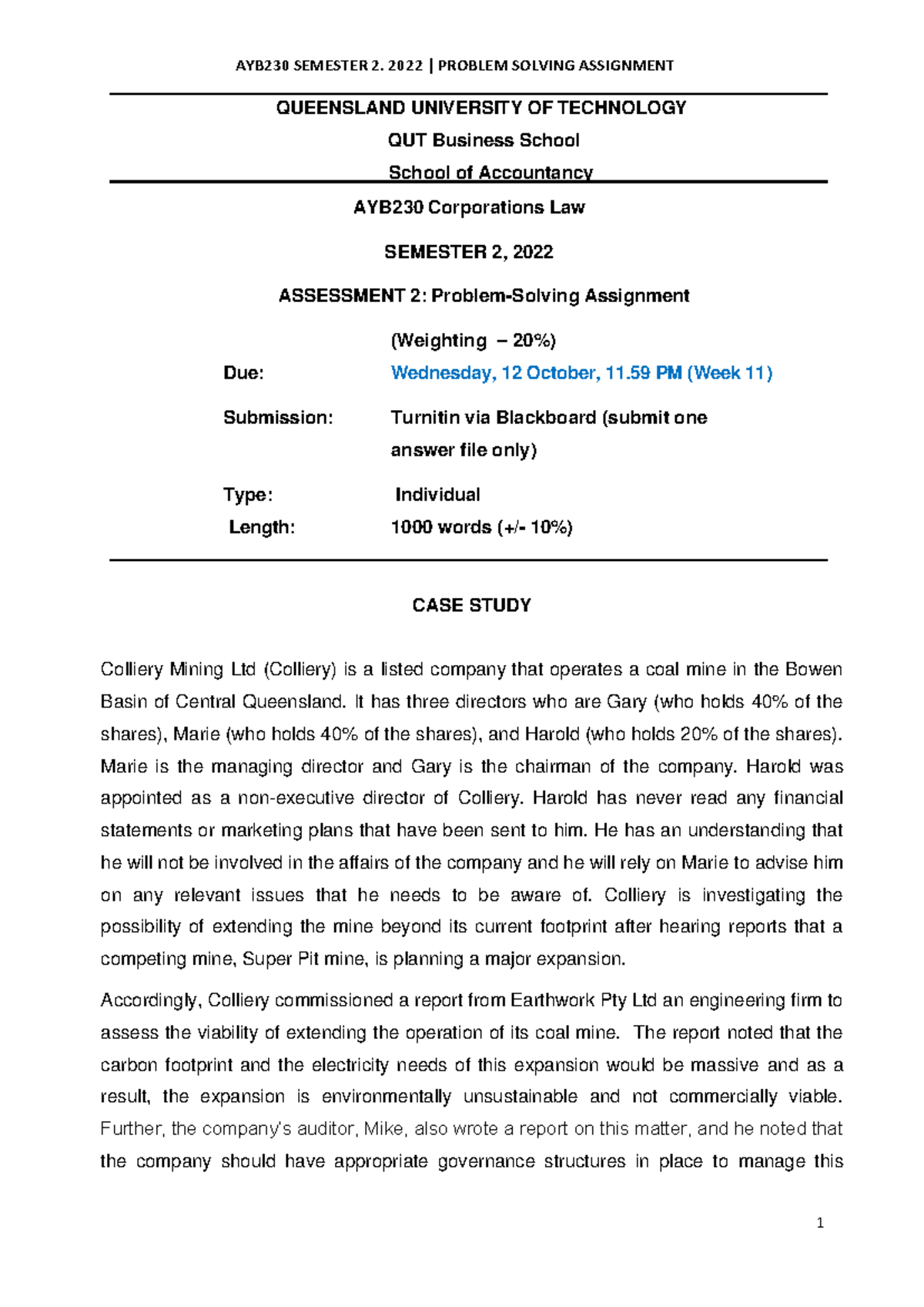 AYB230 Assignment Question Sheet (Sem 2, 2022) - QUEENSLAND UNIVERSITY ...