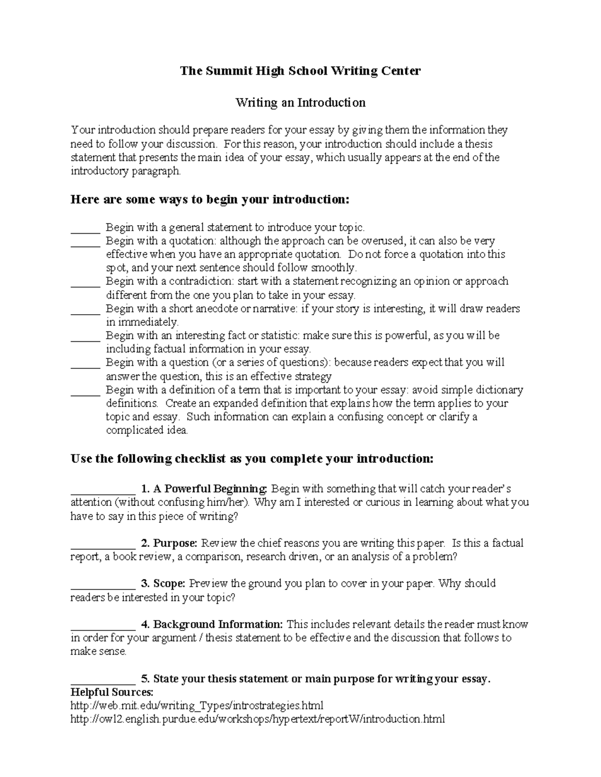 2.4 HOW TO Write THE Introduction - The Summit High School Writing ...