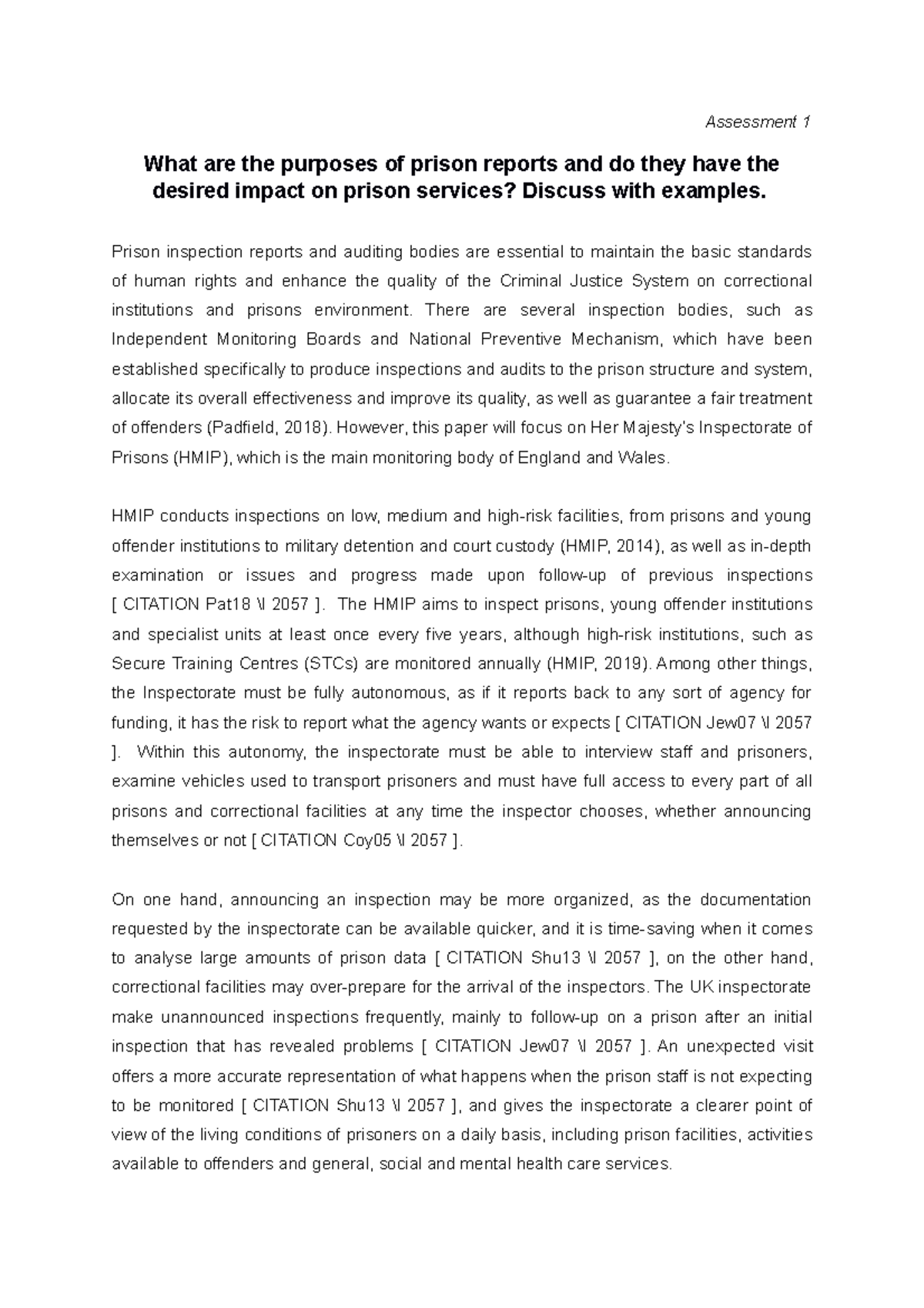 Imprisonment A1 - essay - Assessment 1 What are the purposes of prison ...