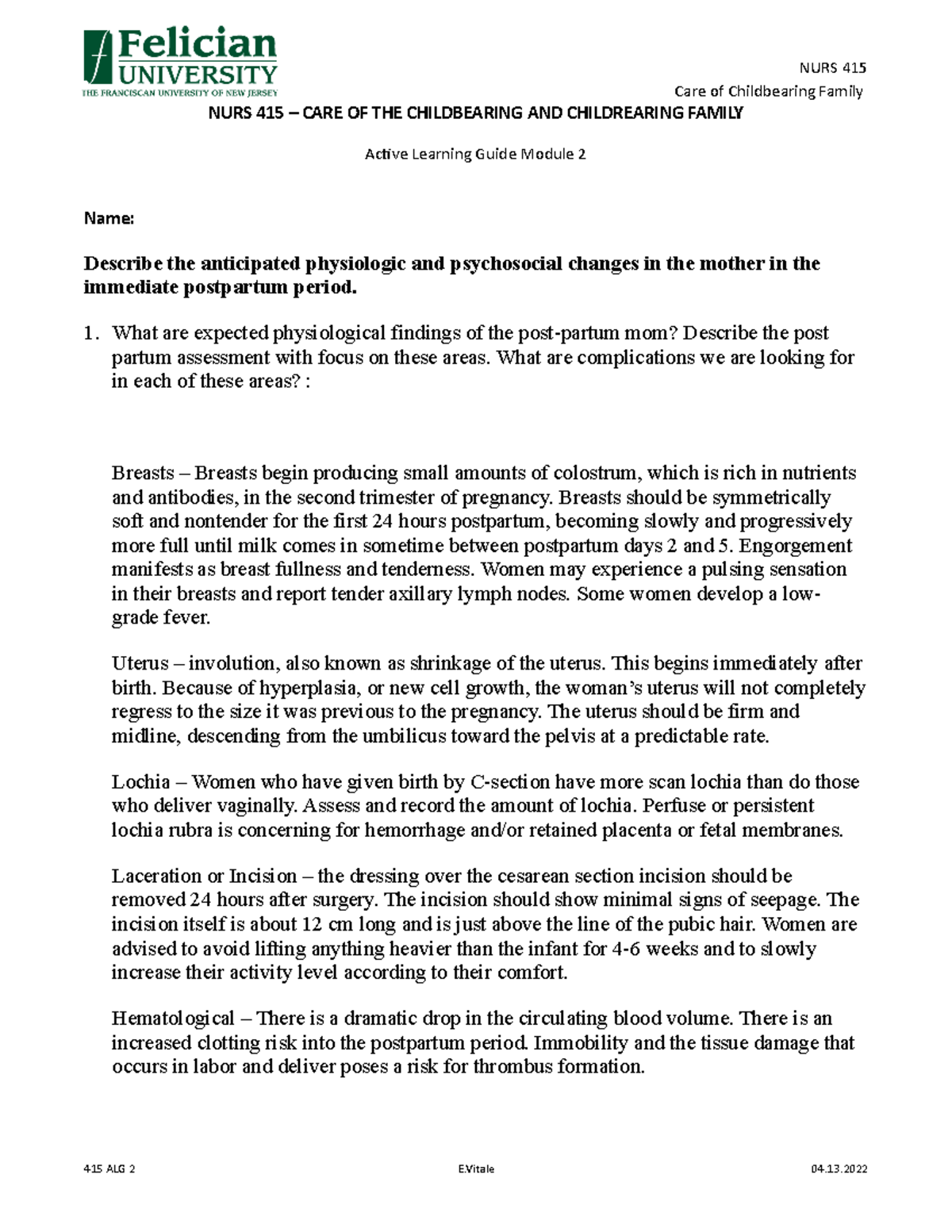 Active Learning Guide - Module 2 - NURS 415 Care of Childbearing Family ...