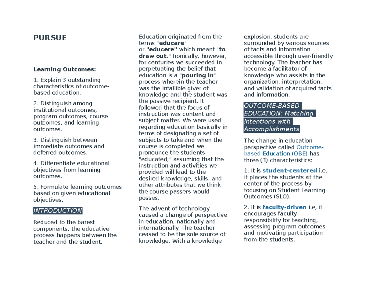 Module 0 pursue - exam - PURSUE Learning Outcomes: Explain 3 ...