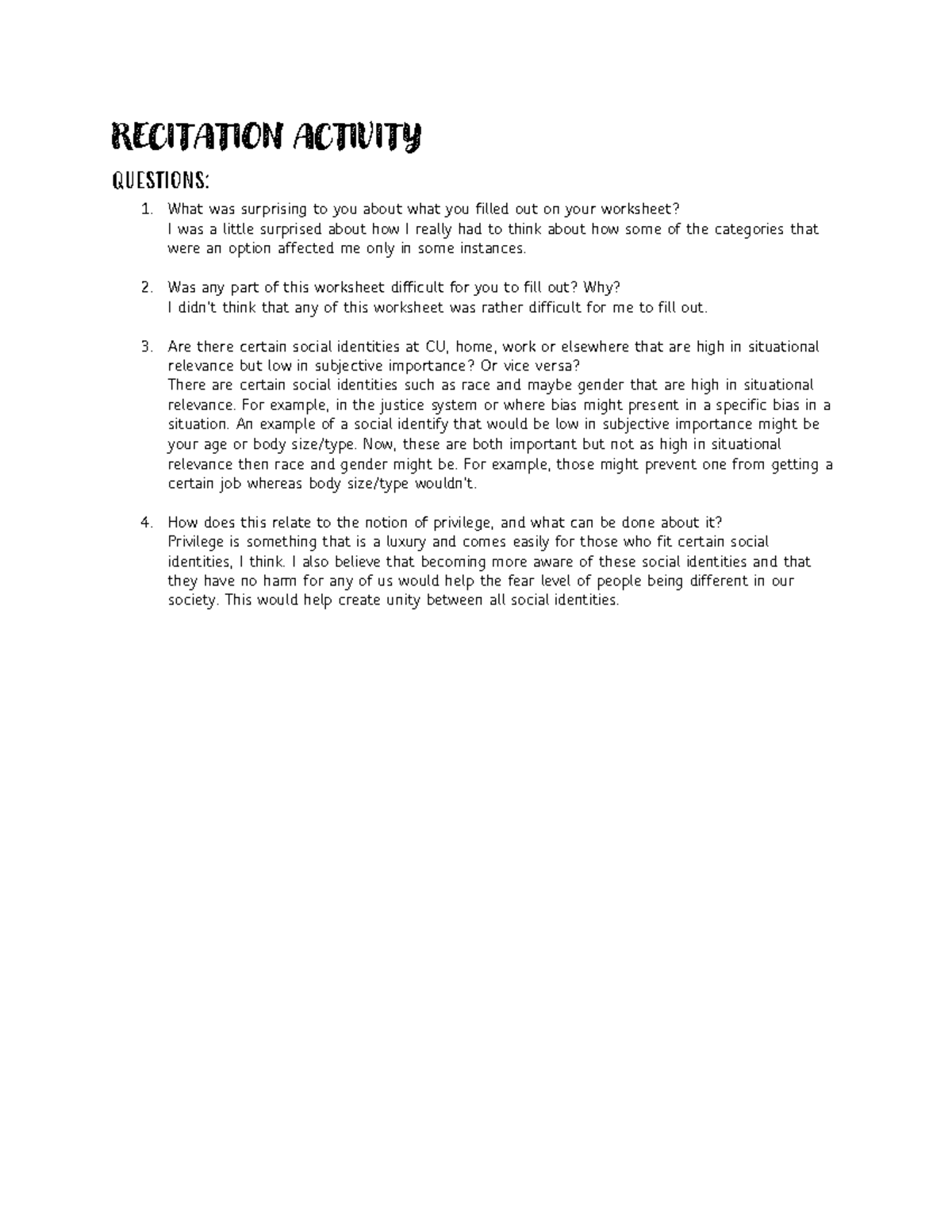 Recitation analysis - RECITATION ACTIVITY QUESTIONS: What was ...