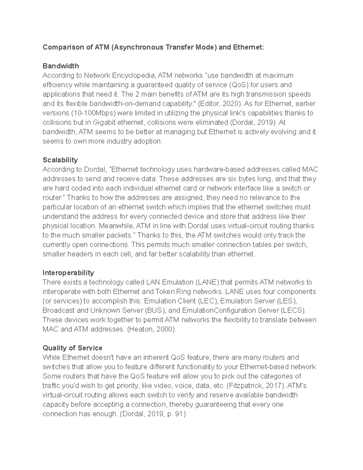 Discussion Assignment 1 - Comparison of ATM (Asynchronous Transfer Mode) and Ethernet: Bandwidth ...
