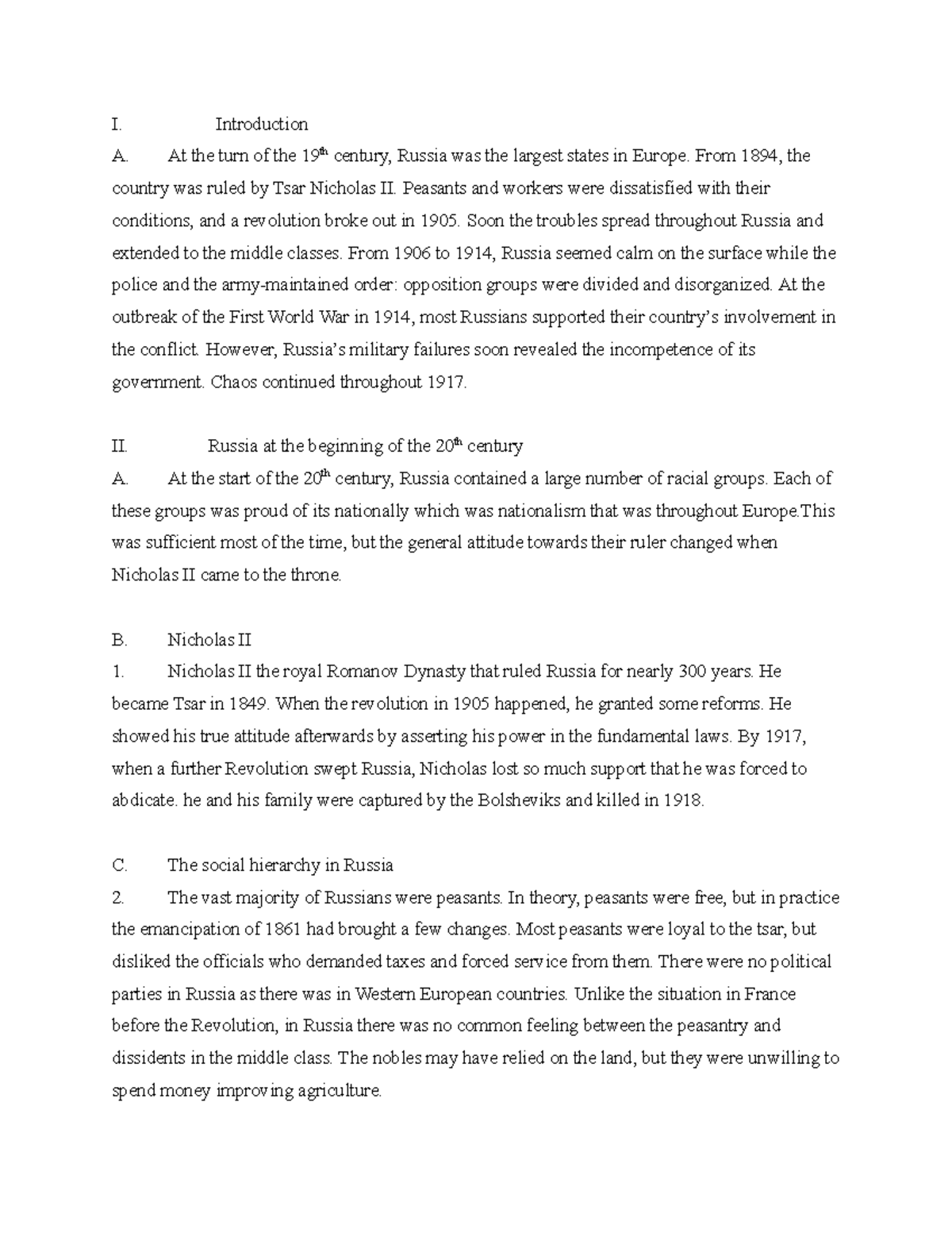 The Russian Revolution Outline - I. Introduction A. At the turn of the ...