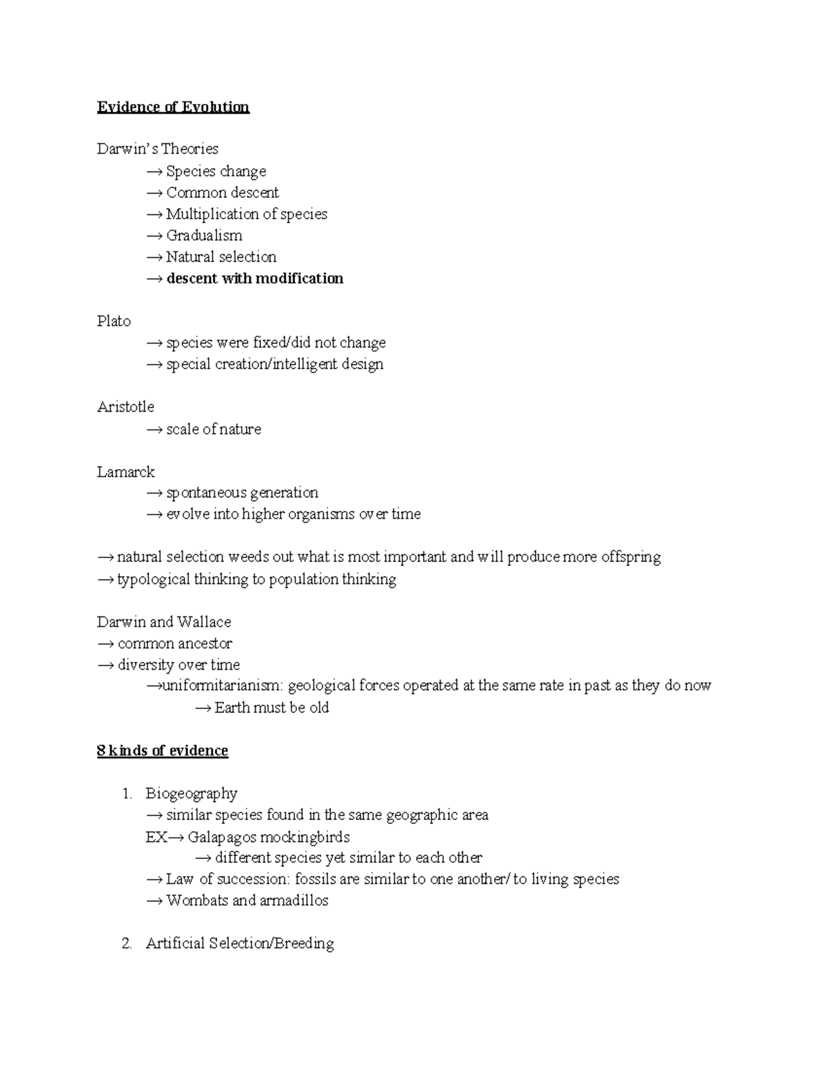 Bio 141 Exam 1 Study Guide - EYidence of EYolution DaUZin¶V TheoUieV ĺ ...